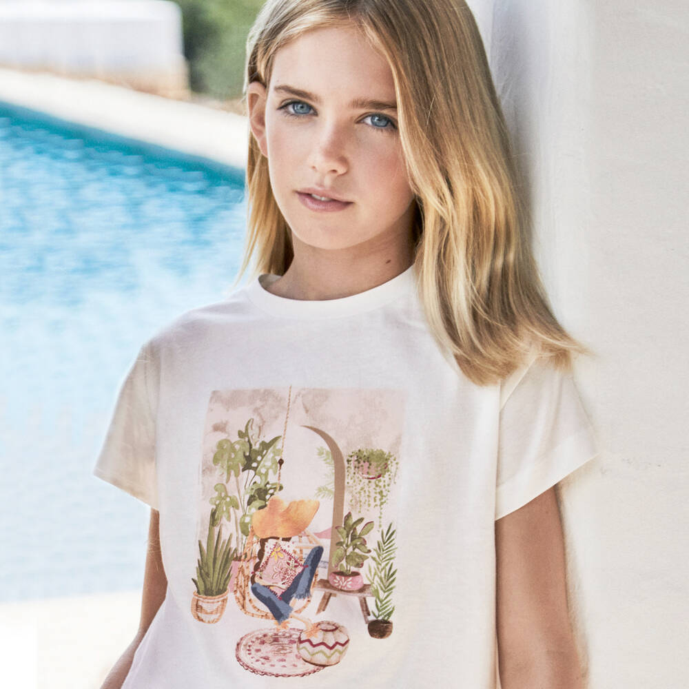Mayoral - Girls Ivory Cotton Girl Print T-Shirt | Childrensalon Outlet
