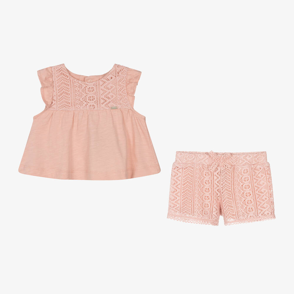 Mayoral - Girls Pink Cotton Crochet Shorts Set | Childrensalon Outlet