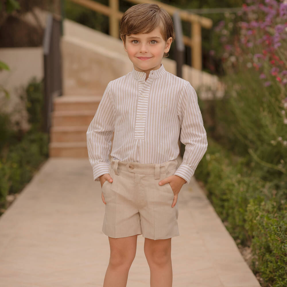 Miranda - Boys Beige Stripe Linen Shorts Set | Childrensalon Outlet