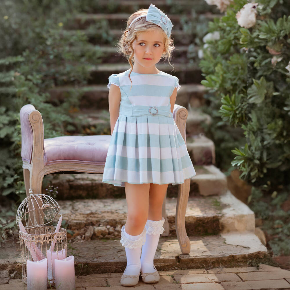 Miranda - Girls Green & White Striped Cotton Dress | Childrensalon Outlet
