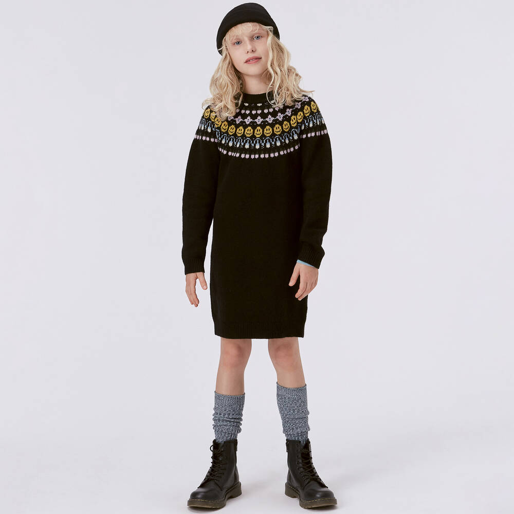 Molo - Girls Black Fair Isle Wool Knit Dress | Childrensalon Outlet