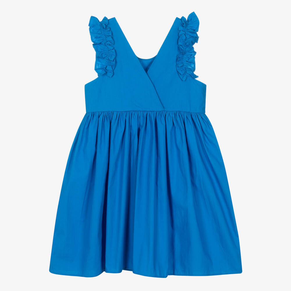 Molo - Girls Blue Organic Cotton Ruffle Dress | Childrensalon Outlet