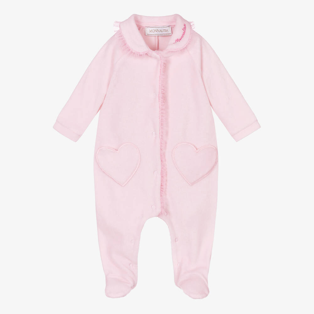 Monnalisa - Girls Velour Pink Sleepsuit | Childrensalon Outlet