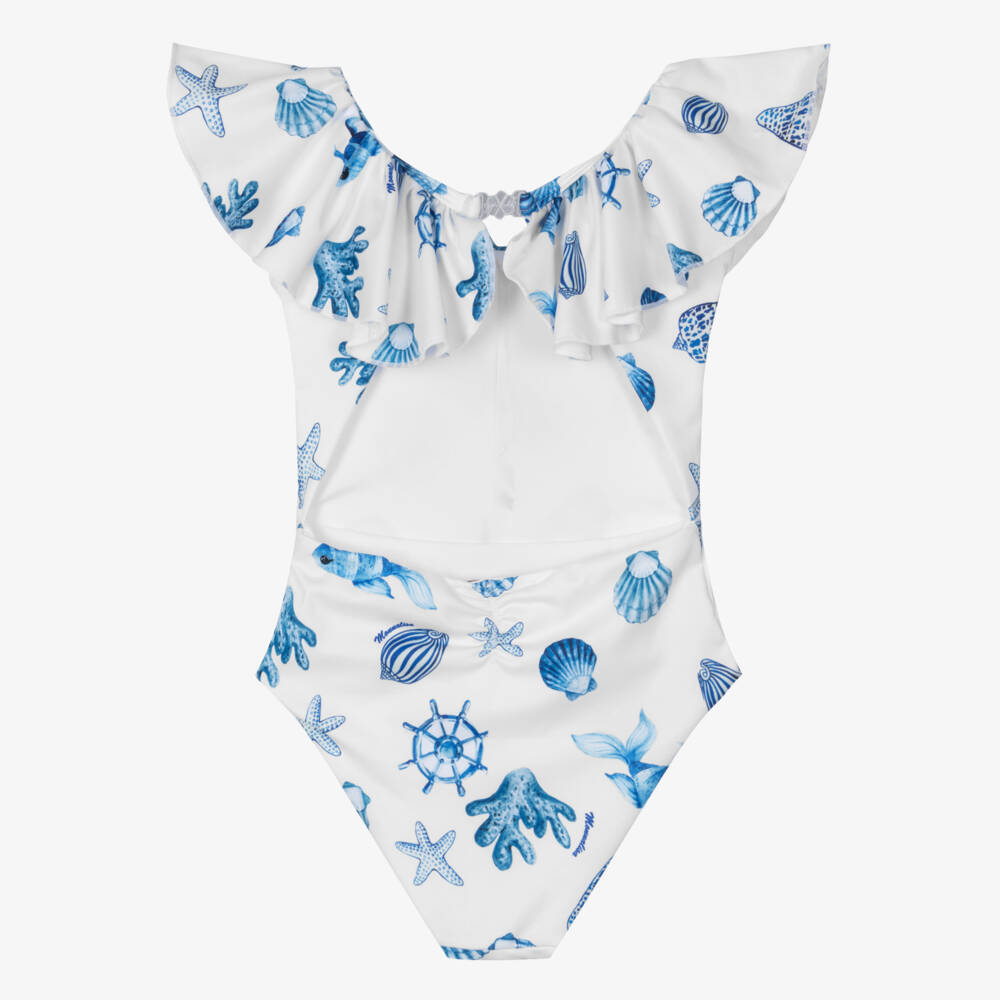 Monnalisa - Girls White Shell Print Swimsuit | Childrensalon Outlet