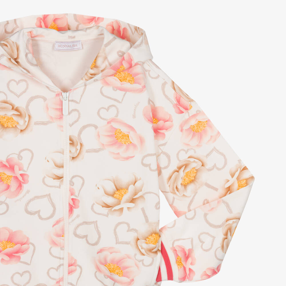 Monnalisa - Teen Girls Ivory & Pink Floral Zip-Up Top | Childrensalon ...