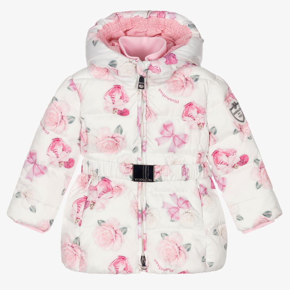 Monnalisa - White & Pink Roses Puffer Coat | Childrensalon Outlet