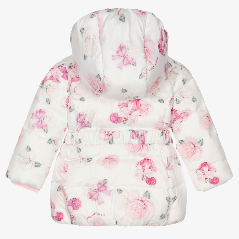 Monnalisa - White & Pink Roses Puffer Coat | Childrensalon Outlet