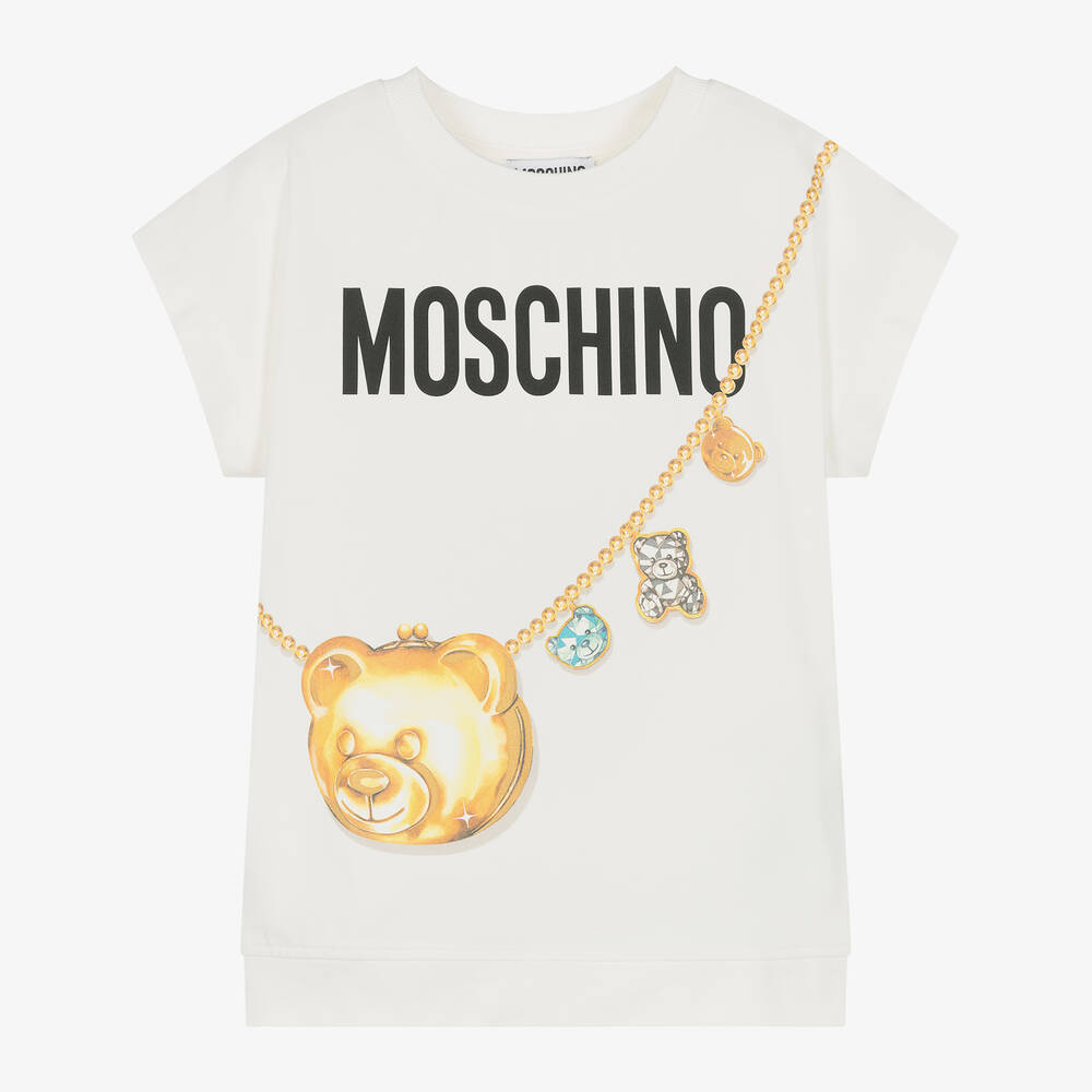 Moschino Kid-Teen - Girls Ivory Trompe L'œil Cotton T-Shirt Moschino Kid-Teen - Girls Ivory Trompe L'œil Cotton T-Shirt