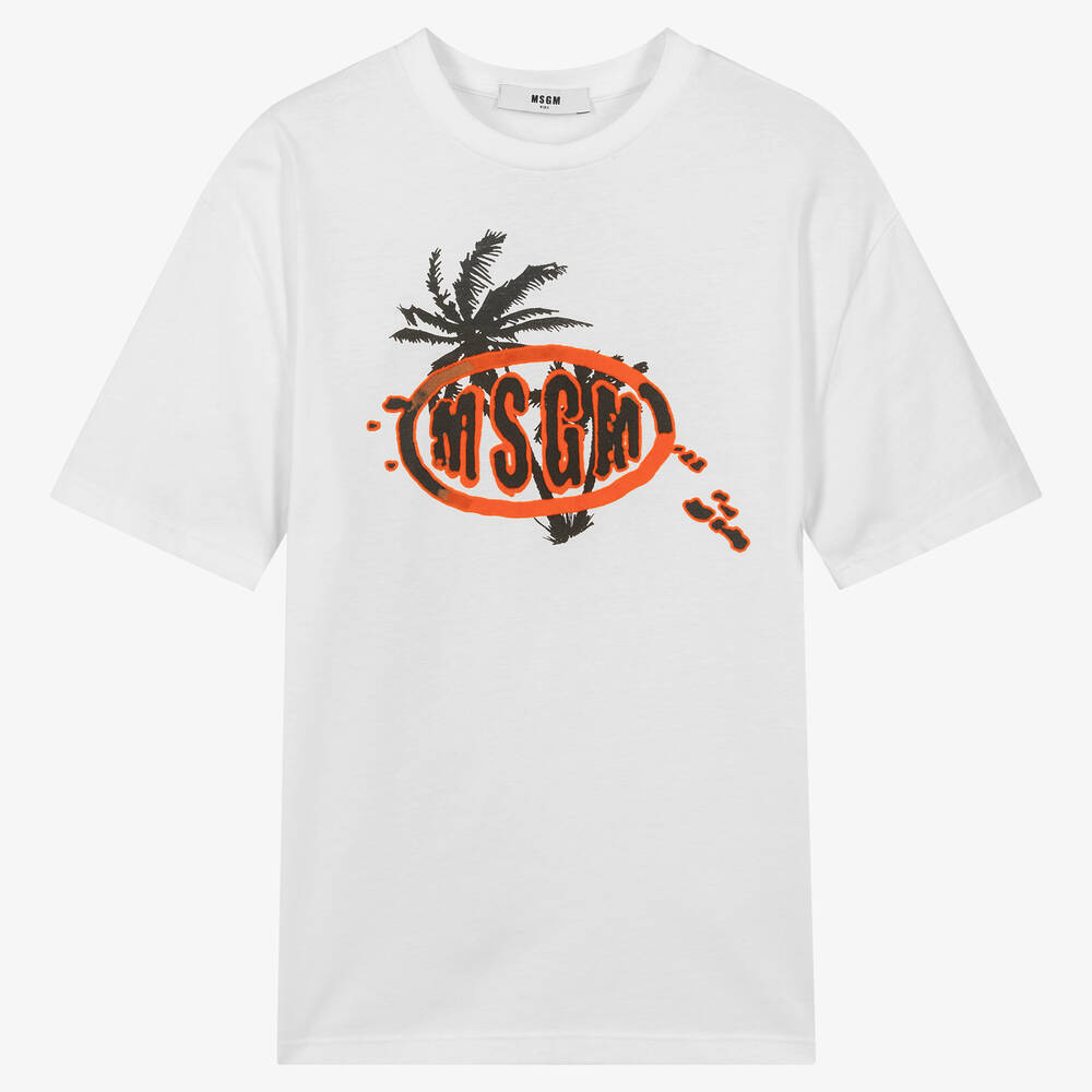 MSGM - Teen Boys White Palm Tree Logo T-Shirt | Childrensalon Outlet