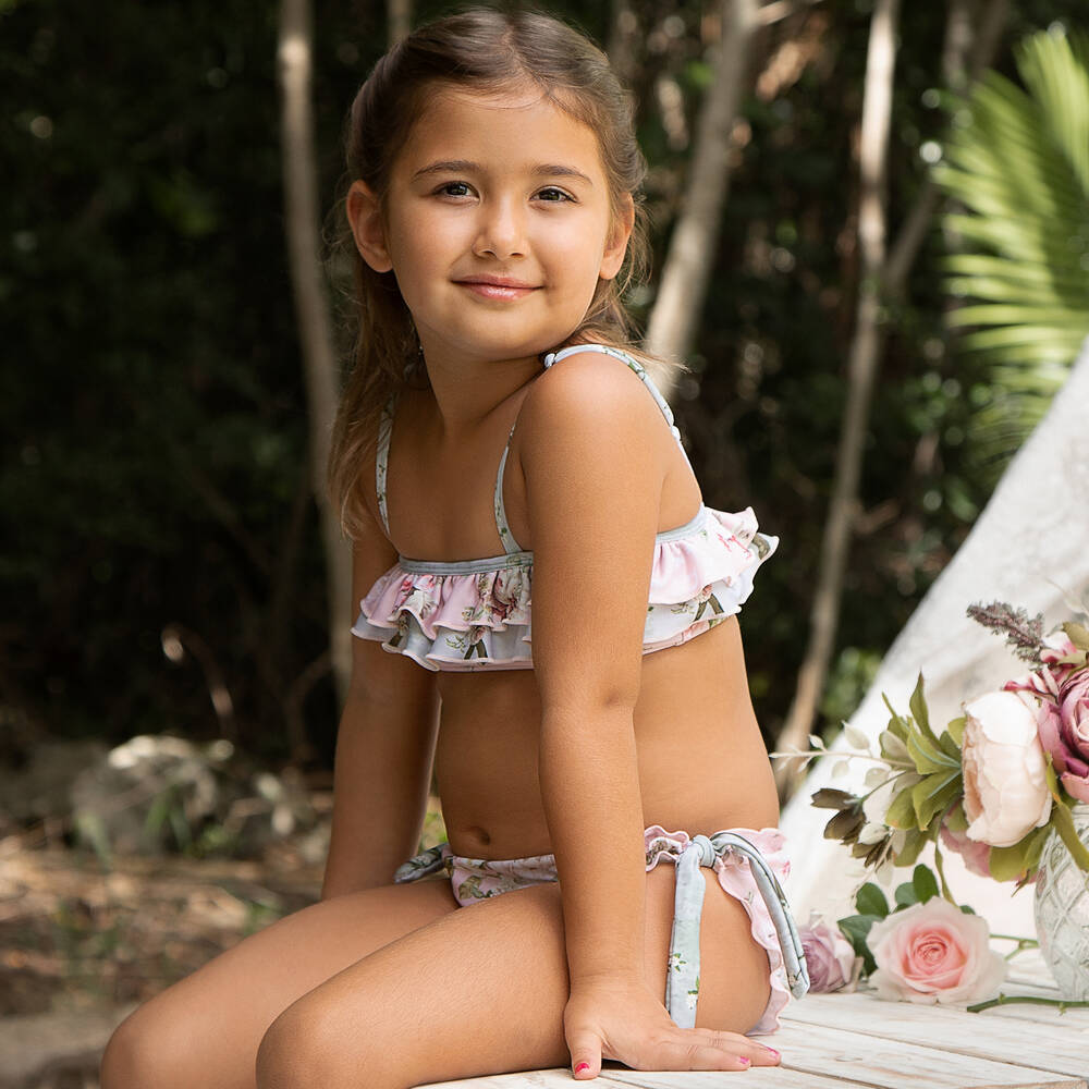 Olga Valentine - Girls White & Green Floral Bikini (UPF50+) | Childrensalon Outlet