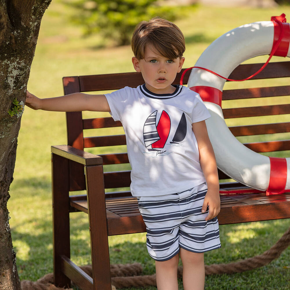 Patachou - Blue & White Cotton Sail Boat Shorts Set | Childrensalon Outlet