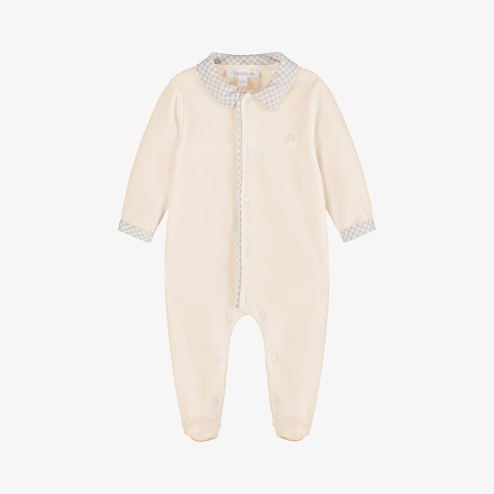 Patachou - Boys Beige Check Velour Sleepsuit | Childrensalon Outlet