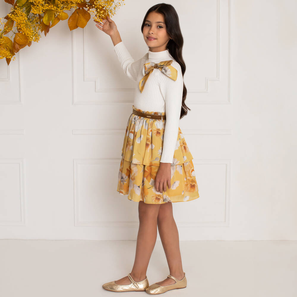 Patachou - Robe jersey ivoire mousseline jaune | Childrensalon Outlet