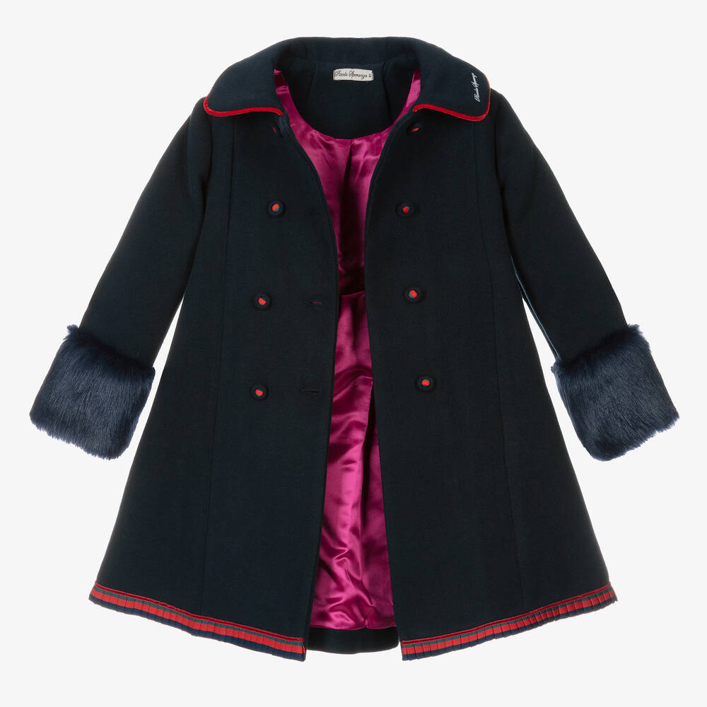 Piccola Speranza - Girls Blue Faux Fur Trim Coat | Childrensalon Outlet