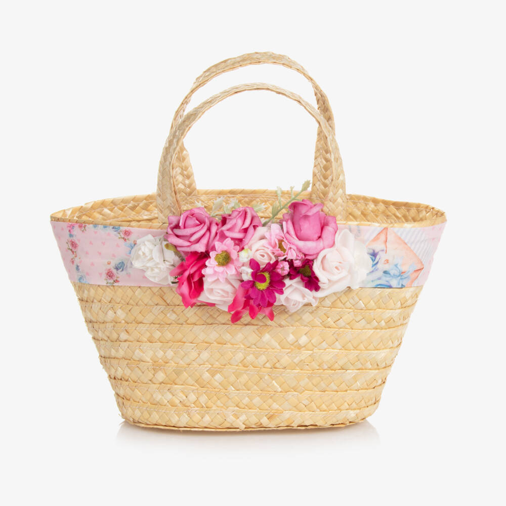 Piccola Speranza - Girls Pink Floral Straw Bag (25cm) | Childrensalon ...