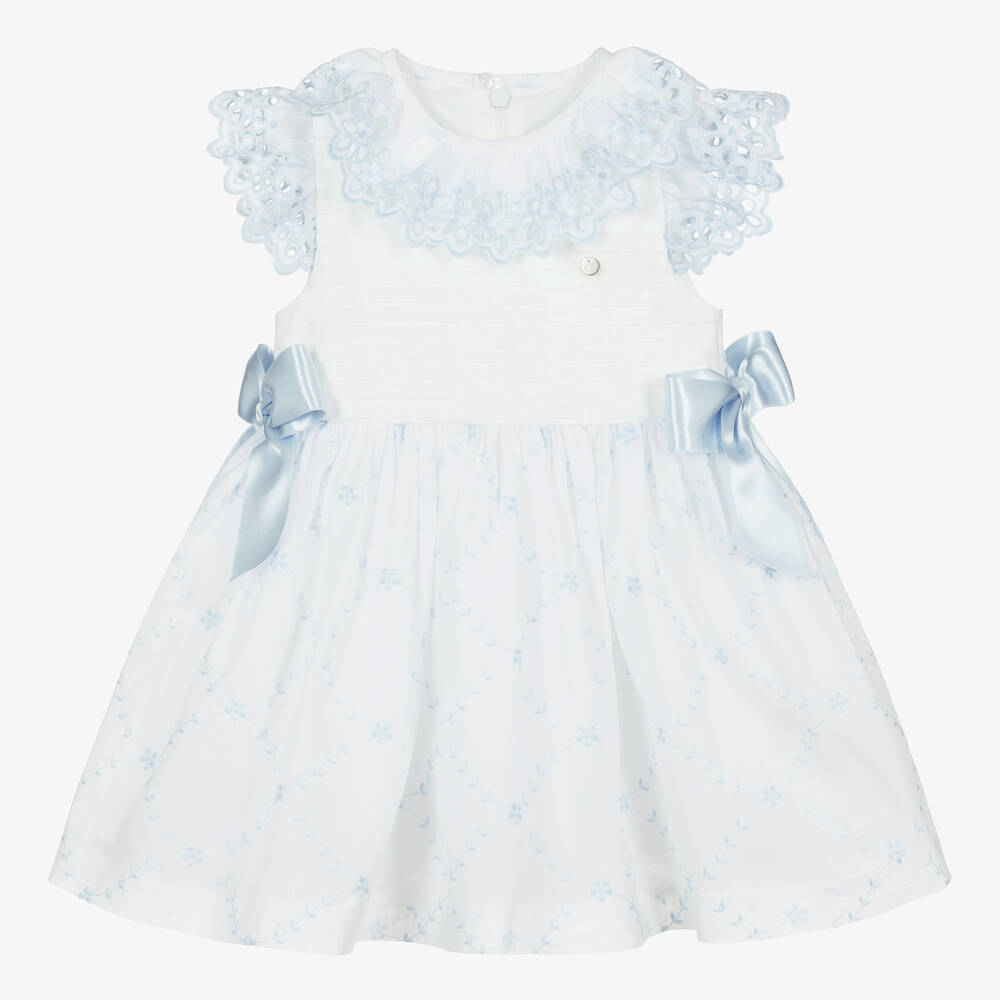Piccola Speranza - Girls White & Blue Embroidered Dress | Childrensalon Outlet