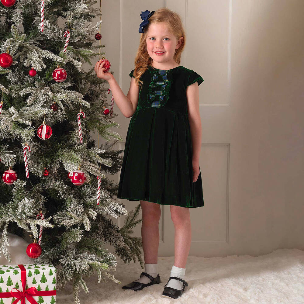 Rachel Riley - Girls Green Velvet Tartan Bow Dress | Childrensalon Outlet