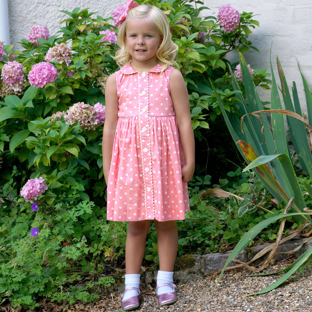 Rachel Riley - Girls Pink Heart Print Cotton Dress | Childrensalon Outlet