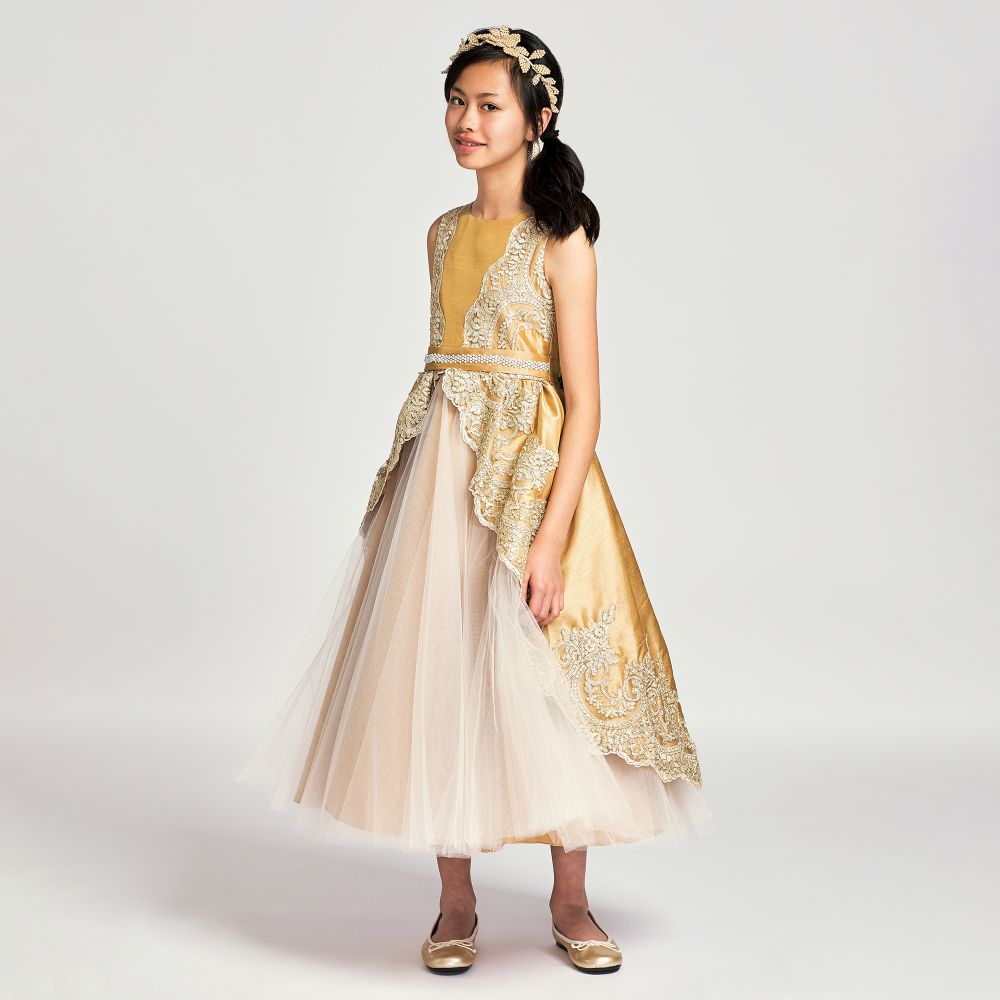 Romano Princess - Girls Gold Dress with Lace | Childrensalon Outlet