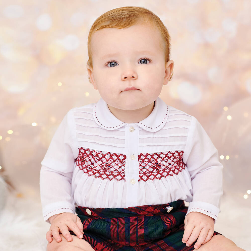 Sarah Louise - Boys White & Red Tartan Buster Suit | Childrensalon Outlet