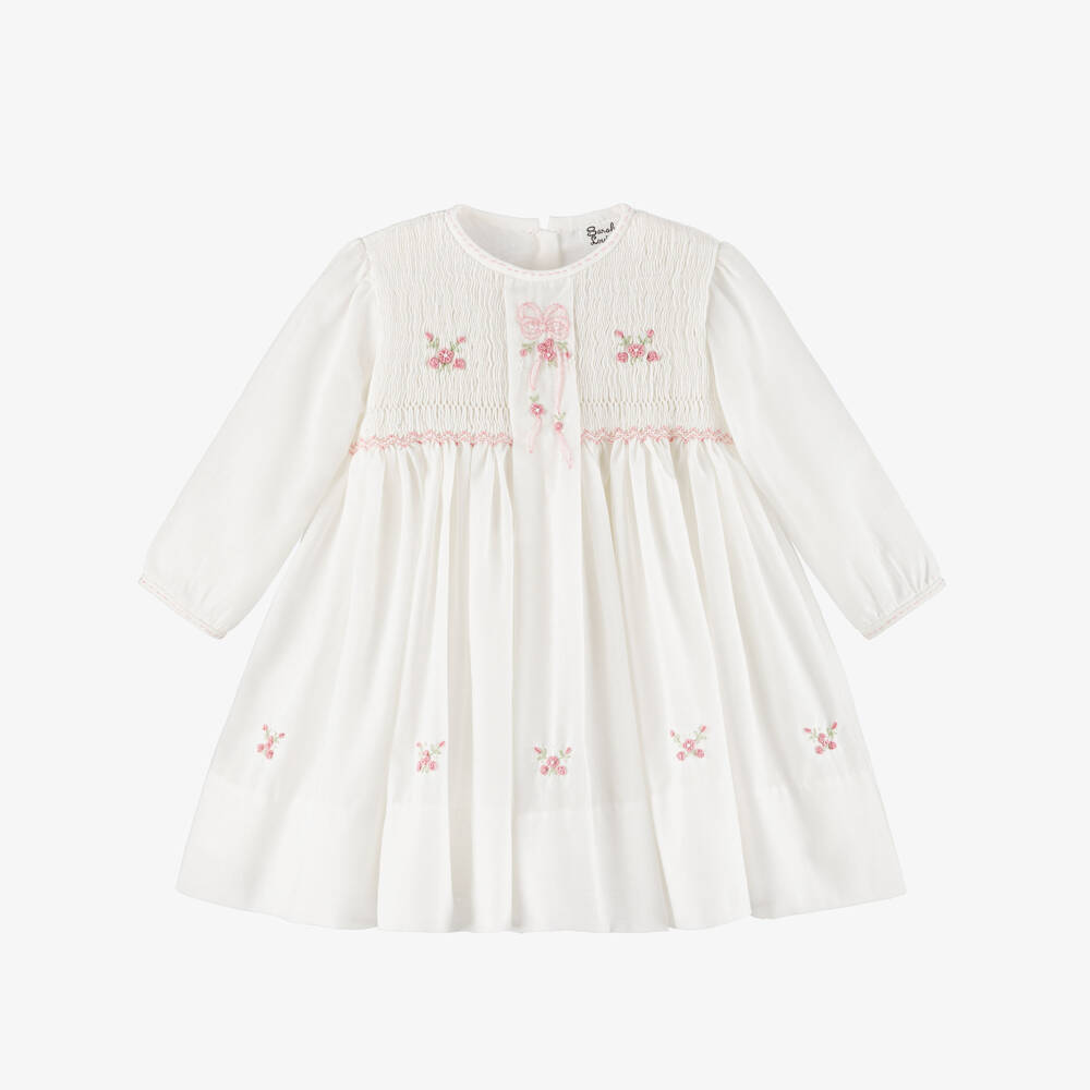 Sarah Louise - Girls Ivory & Blush Pink Hand-Embroidered Bow Dress ...