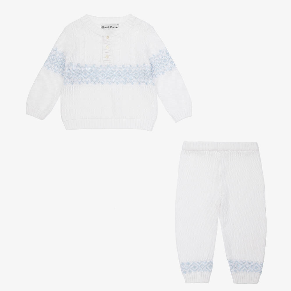 Sarah Louise - White Cotton Knit Trouser Set | Childrensalon Outlet