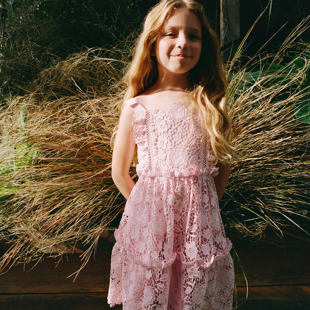 Self-Portrait - Girls Pink Giupure Lace Dress | Childrensalon Outlet