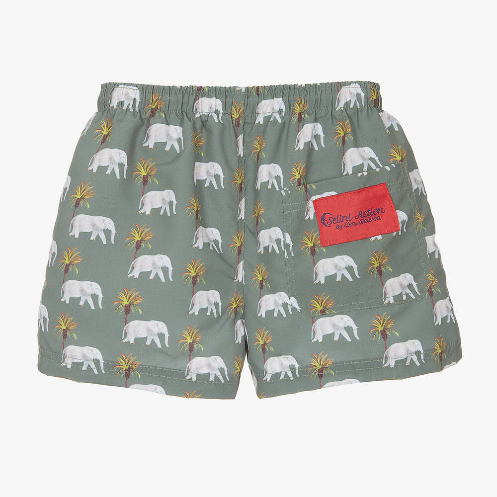 Selini Action - Boys Green Elephant-Print Swim Shorts | Childrensalon Outlet
