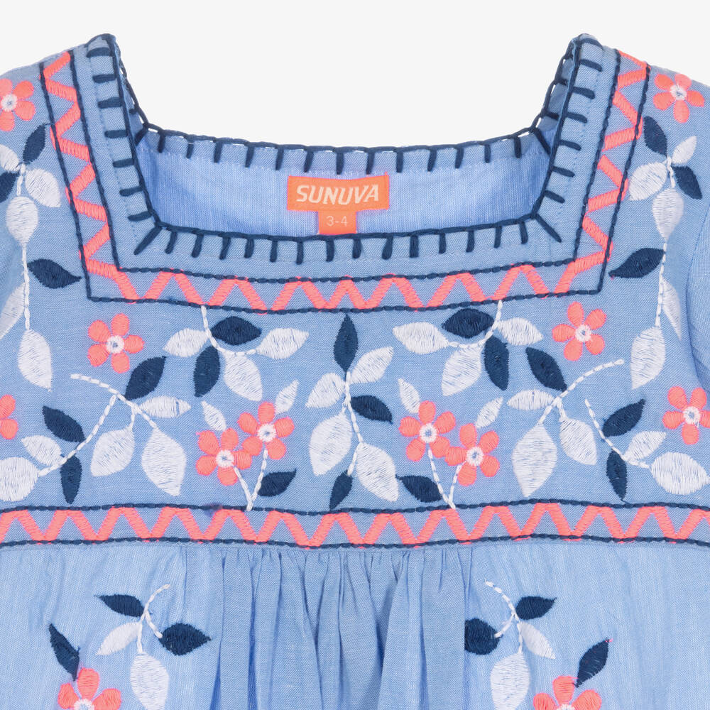 Sunuva - Girls Blue Embroidered Floral Beach Dress | Childrensalon Outlet