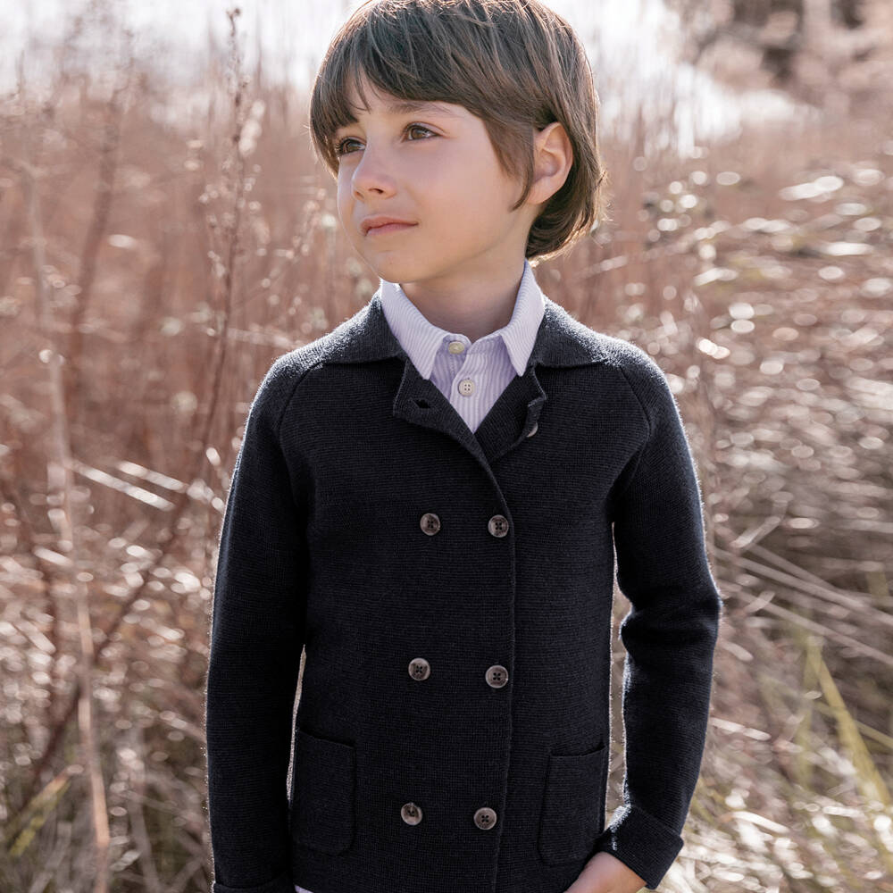 Tartine et Chocolat - Boys Blue Wool Knit Cardigan | Childrensalon Outlet