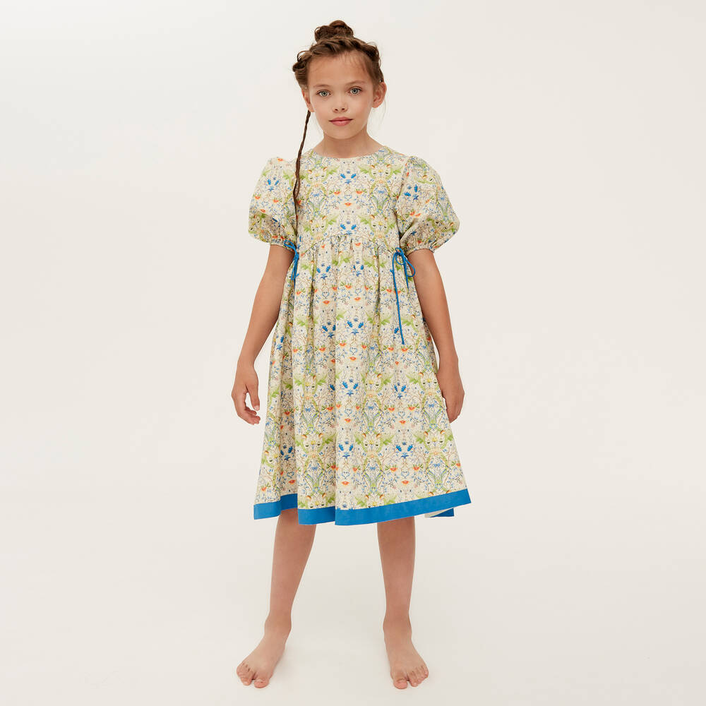 The Middle Daughter - Girls Ivory & Blue Floral Cotton Dress ...