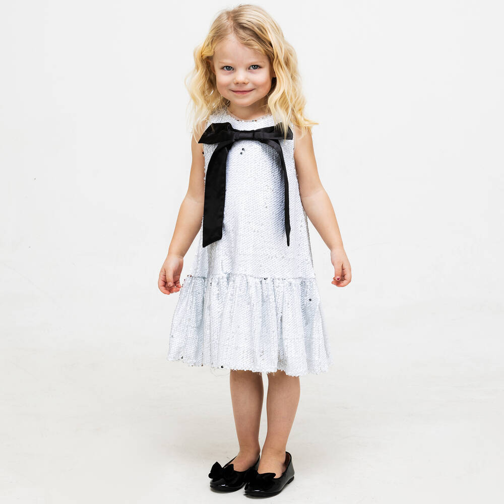 The Tiny Universe - Girls White Sequin Bow Dress | Childrensalon Outlet