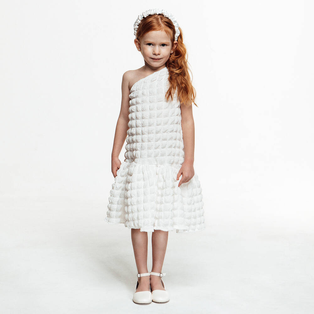 The Tiny Universe - Girls White Textured Square Dress | Childrensalon ...