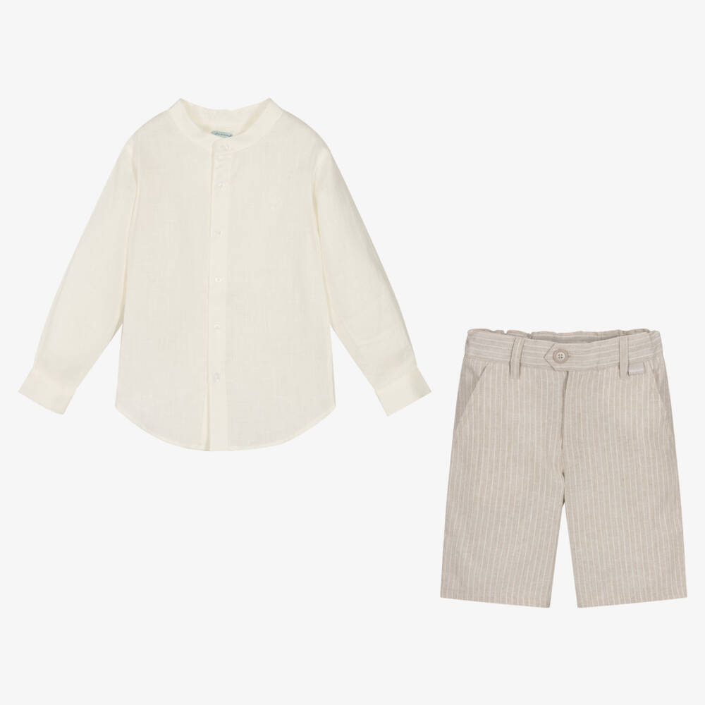 Tutto Piccolo - Boys Ivory & Beige Linen Shorts Set | Childrensalon Outlet