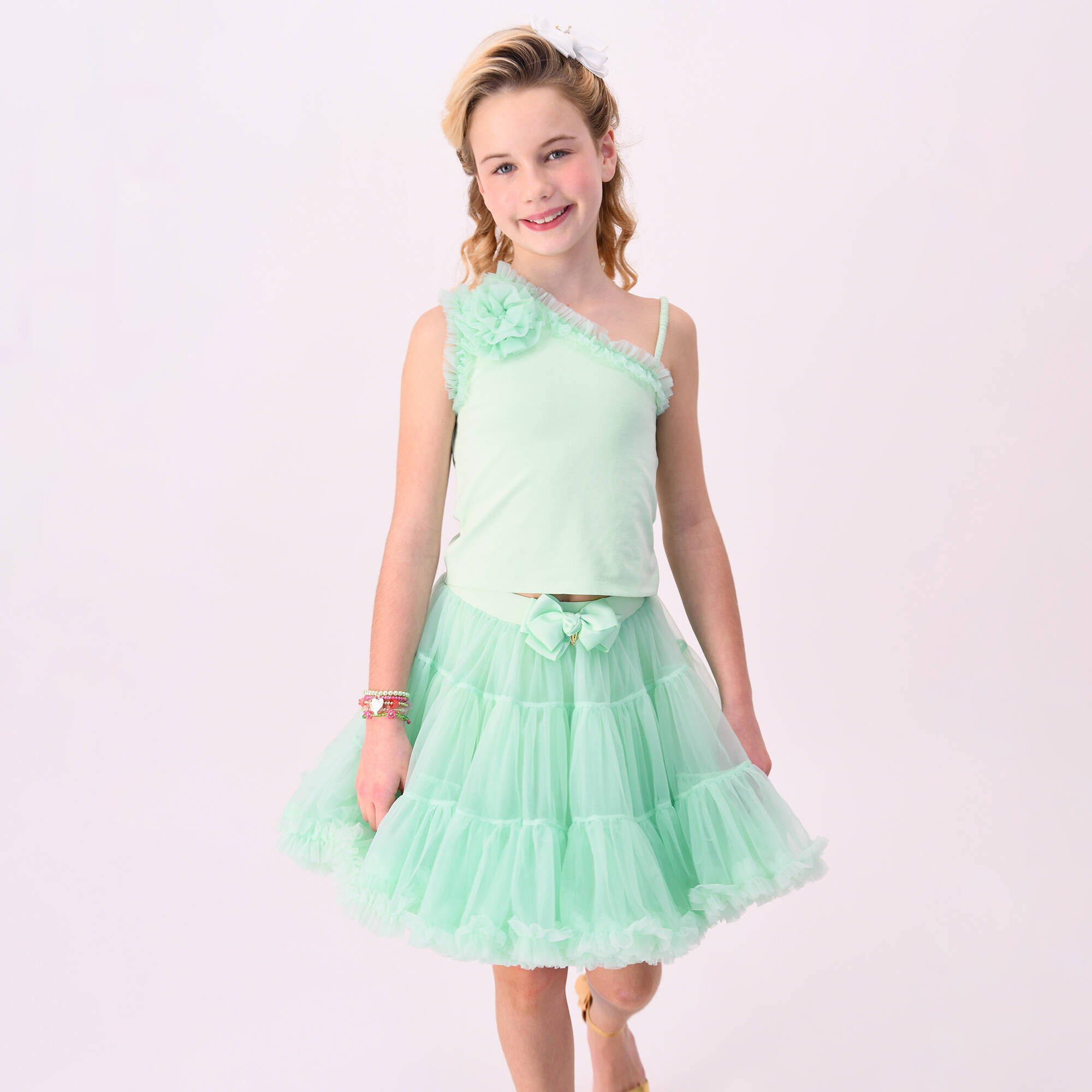Angel's Face - Girls Mint Ruffle Shoulder Top | Childrensalon Outlet