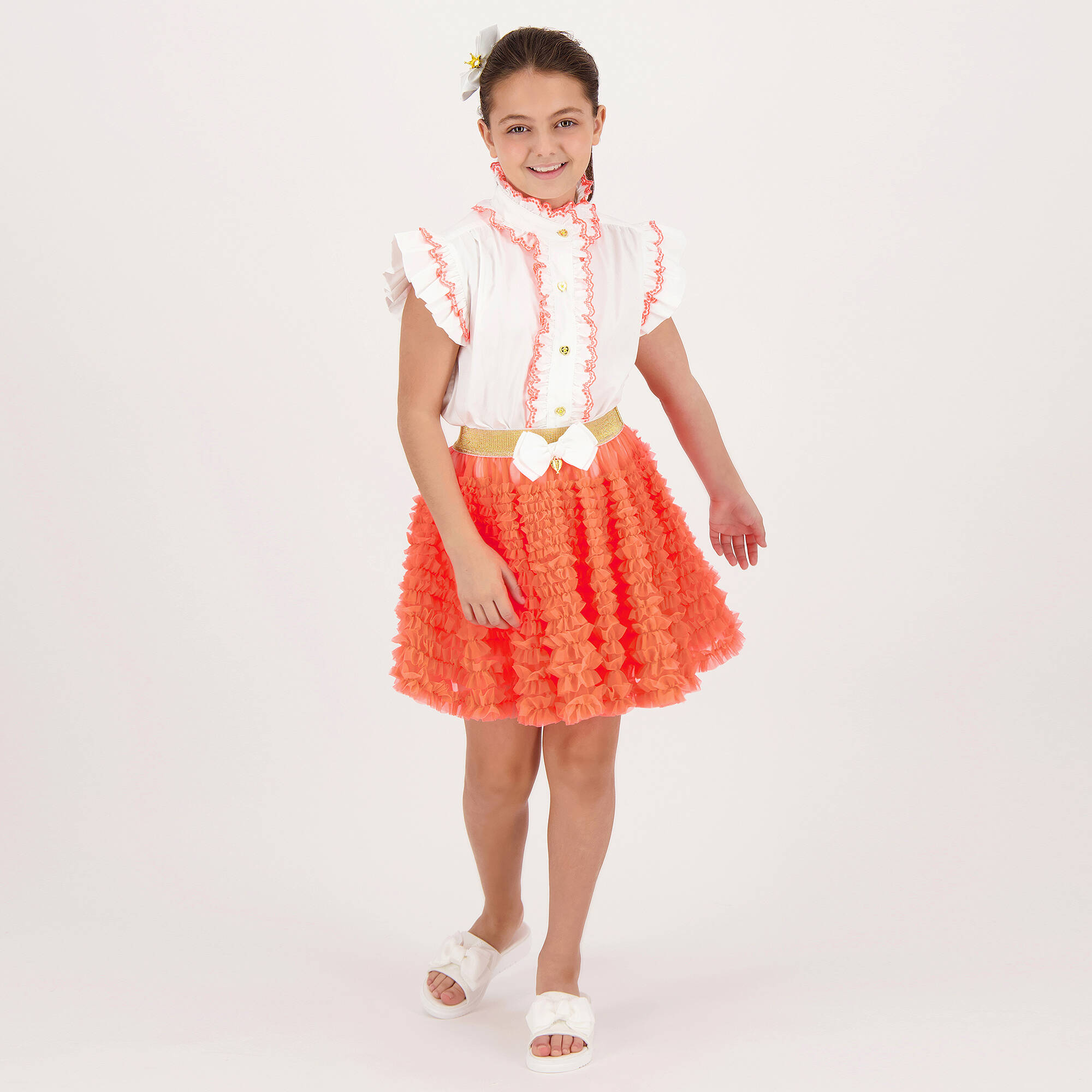 Angel's Face - Girls White & Orange Cotton Ruffle Blouse ...