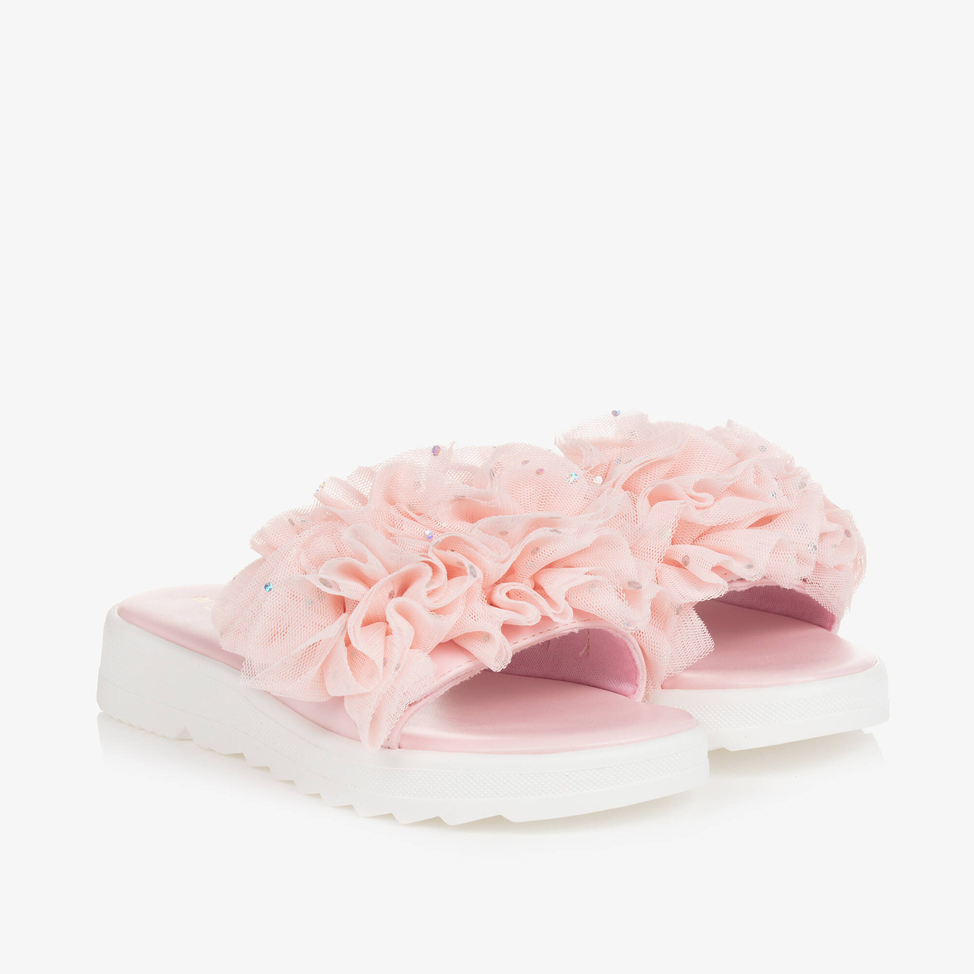 Angel's Face - Girls White & Pink Ruffle Sliders | Childrensalon Outlet