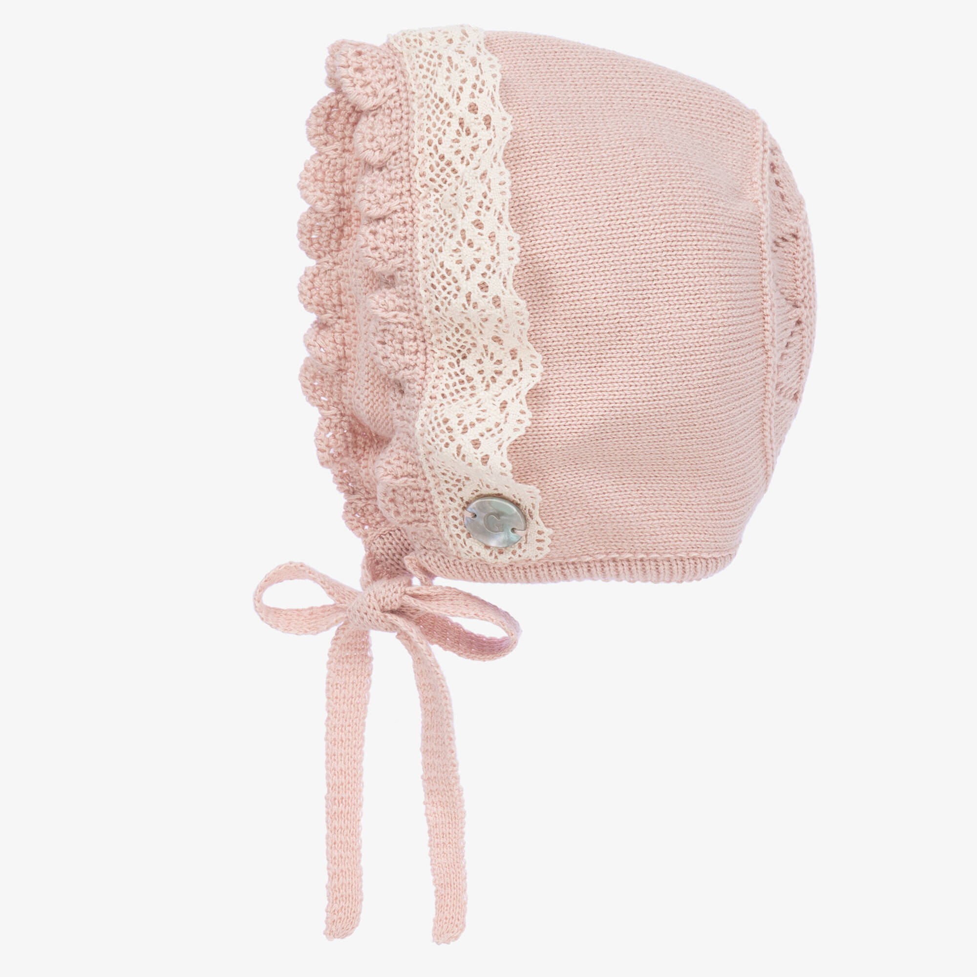 Artesanía Granlei - Lace Trimmed Pink Knit Baby Bonnet | Childrensalon ...