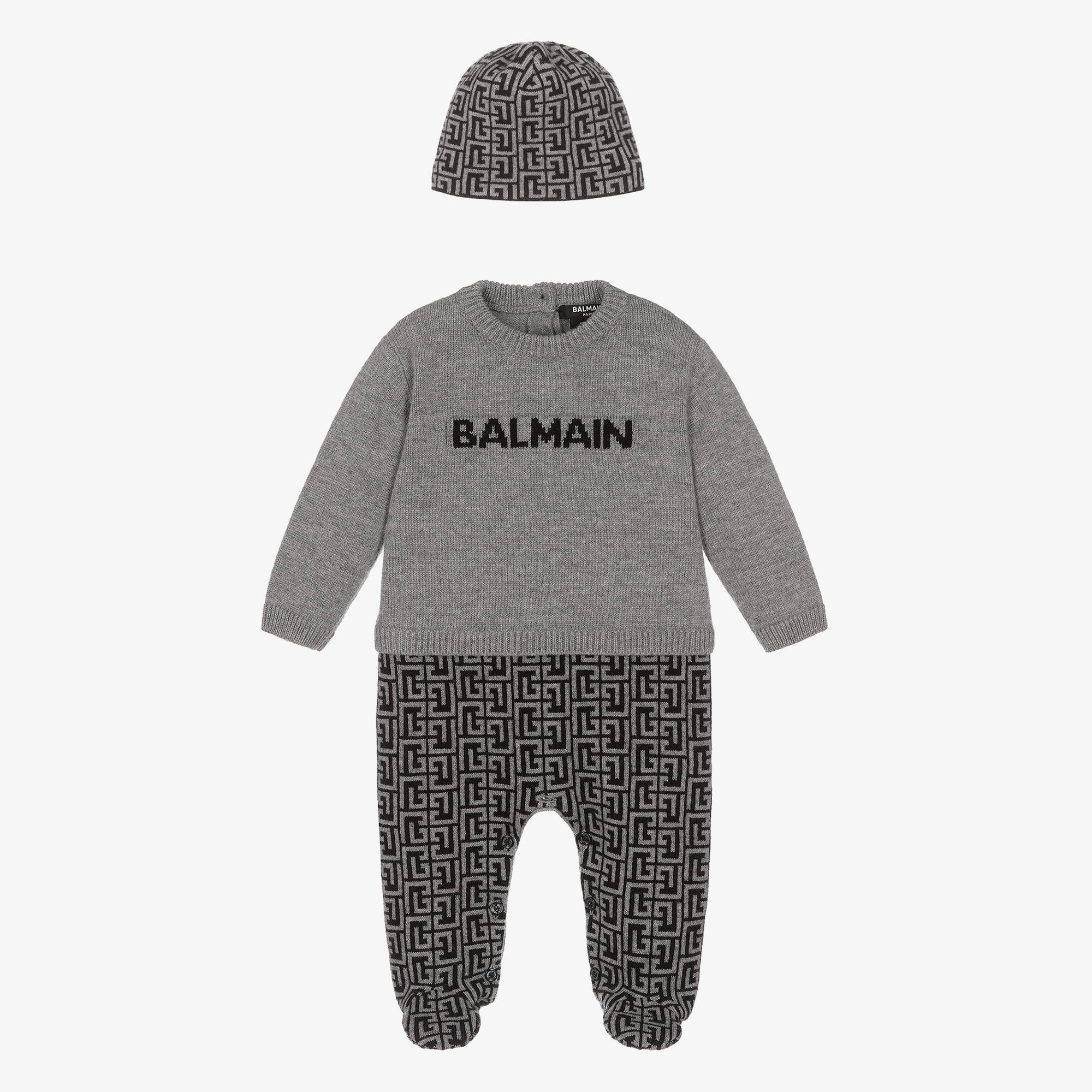 Balmain - Grey Wool & Silk Monogram Babysuit Set | Childrensalon Outlet