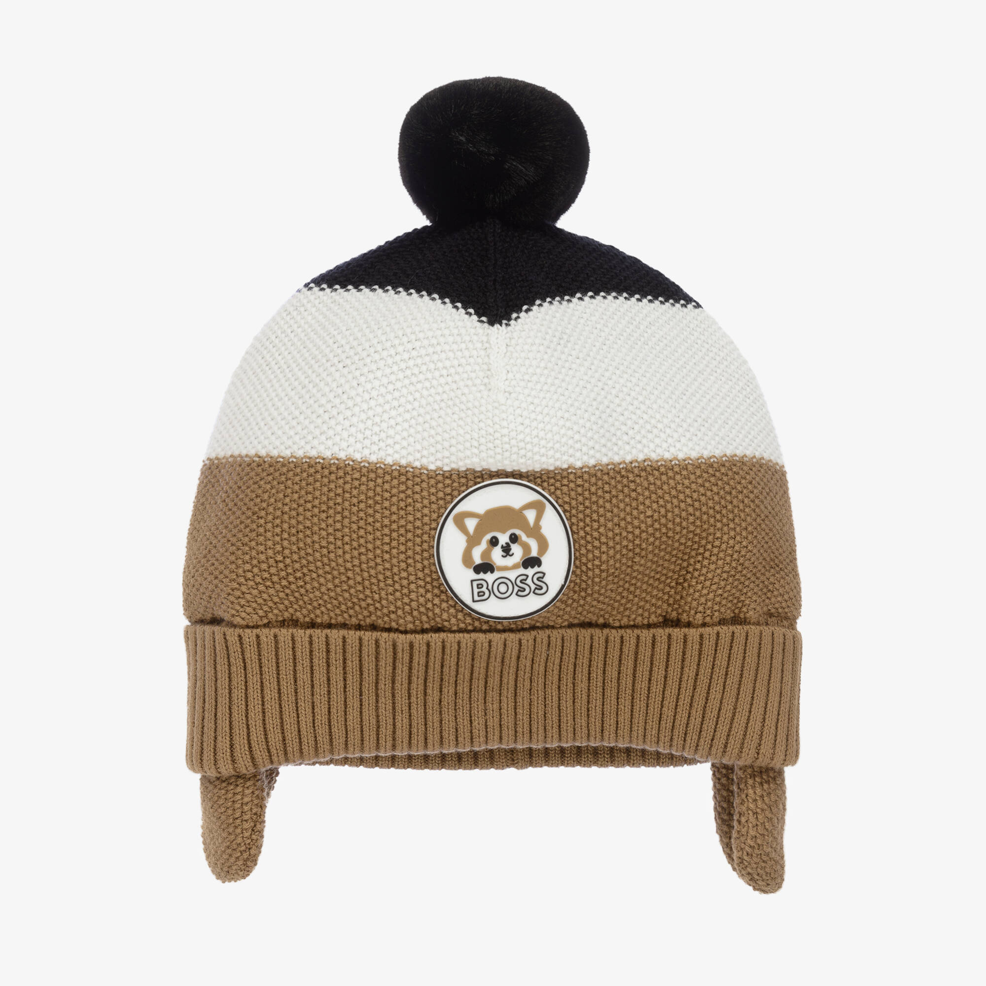 BOSS - Boys Cozy Beige Striped Bobble Hat | Childrensalon Outlet