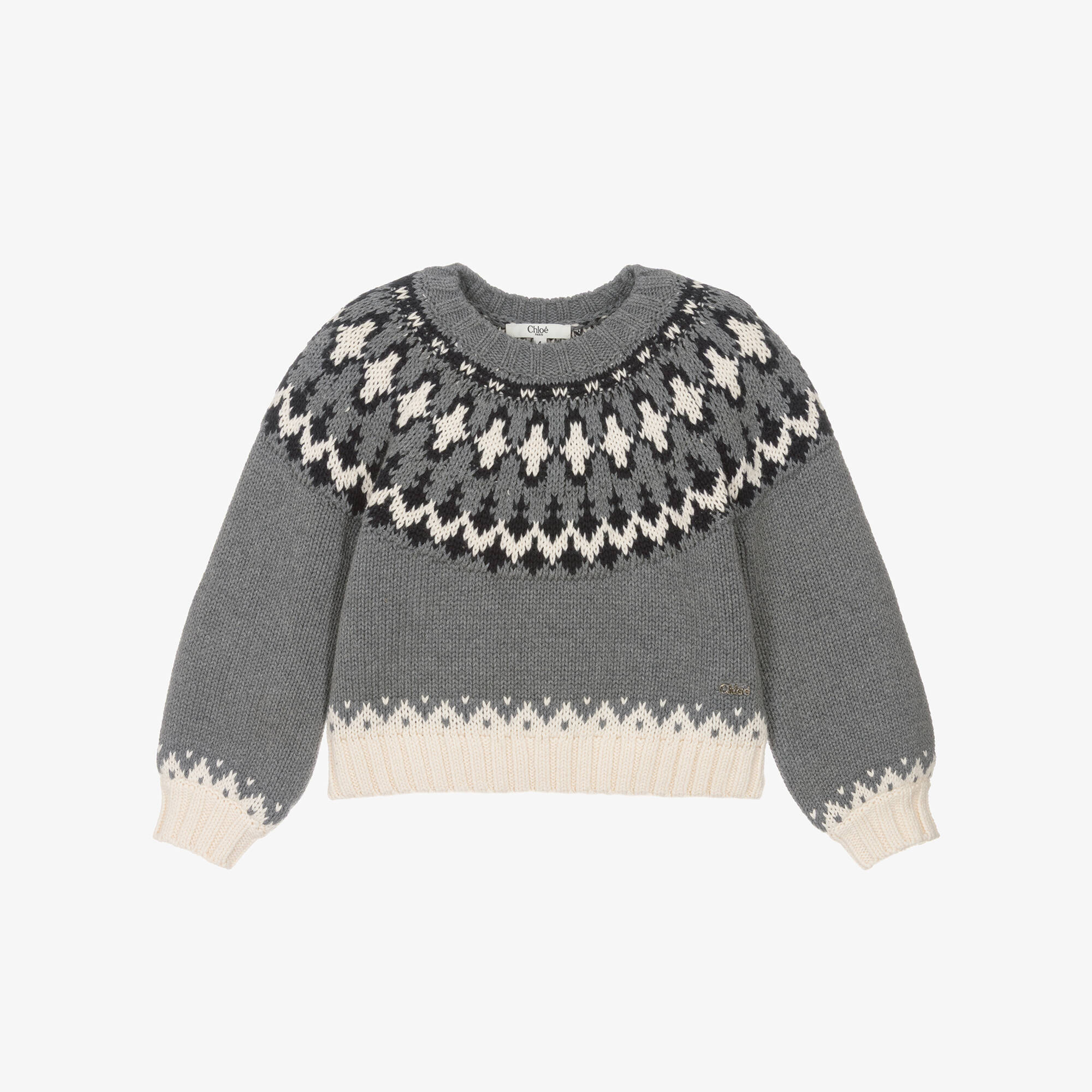 Chloé - Girls Grey Fair Isle Knit Sweater | Childrensalon Outlet