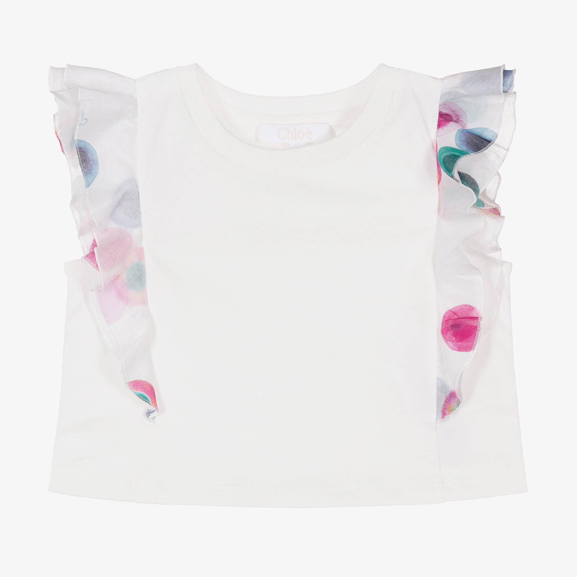Chloé - Girls White Cotton Ruffles T-Shirt | Childrensalon Outlet
