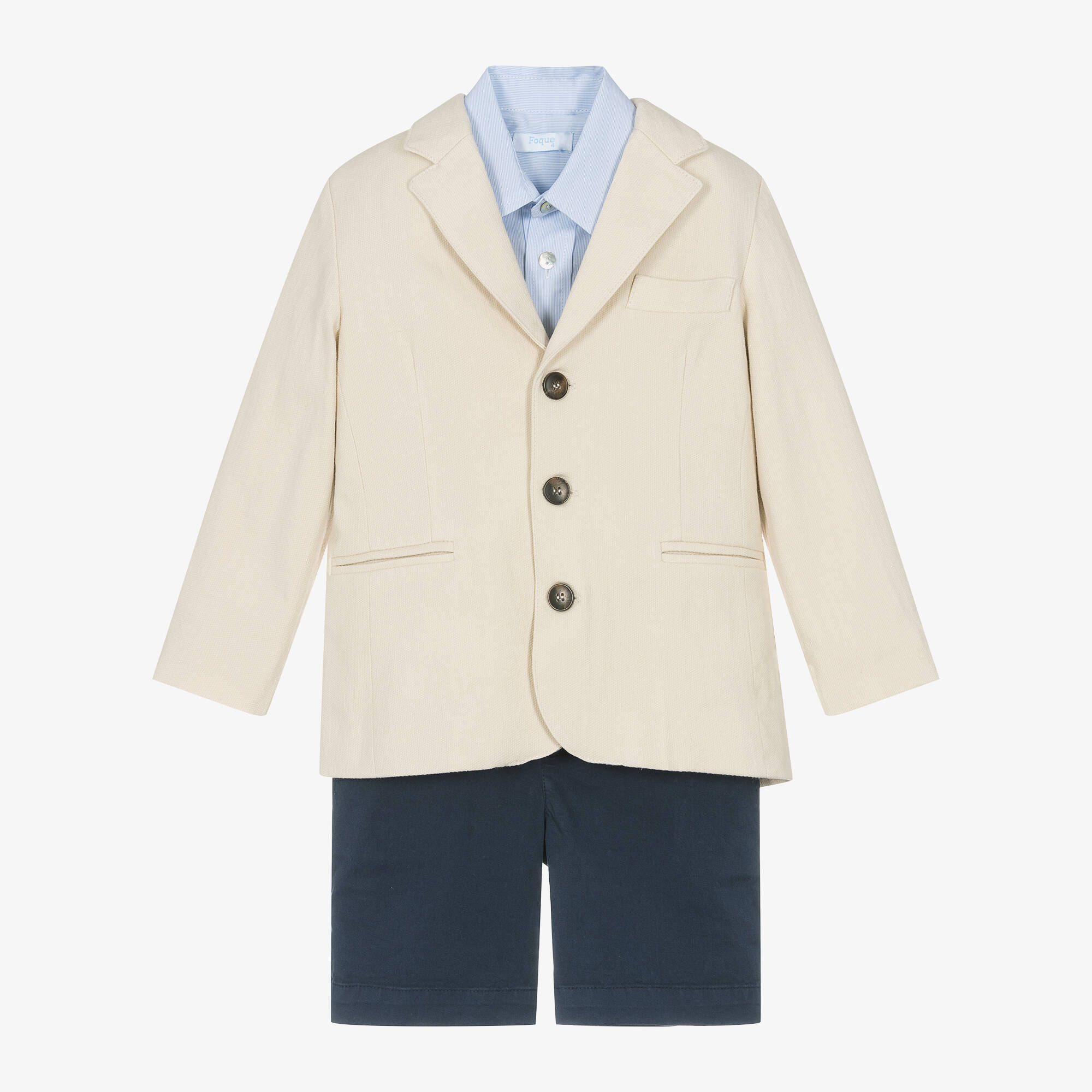 Foque - Boys Beige & Navy Blue Cotton Shorts Suit | Childrensalon Outlet