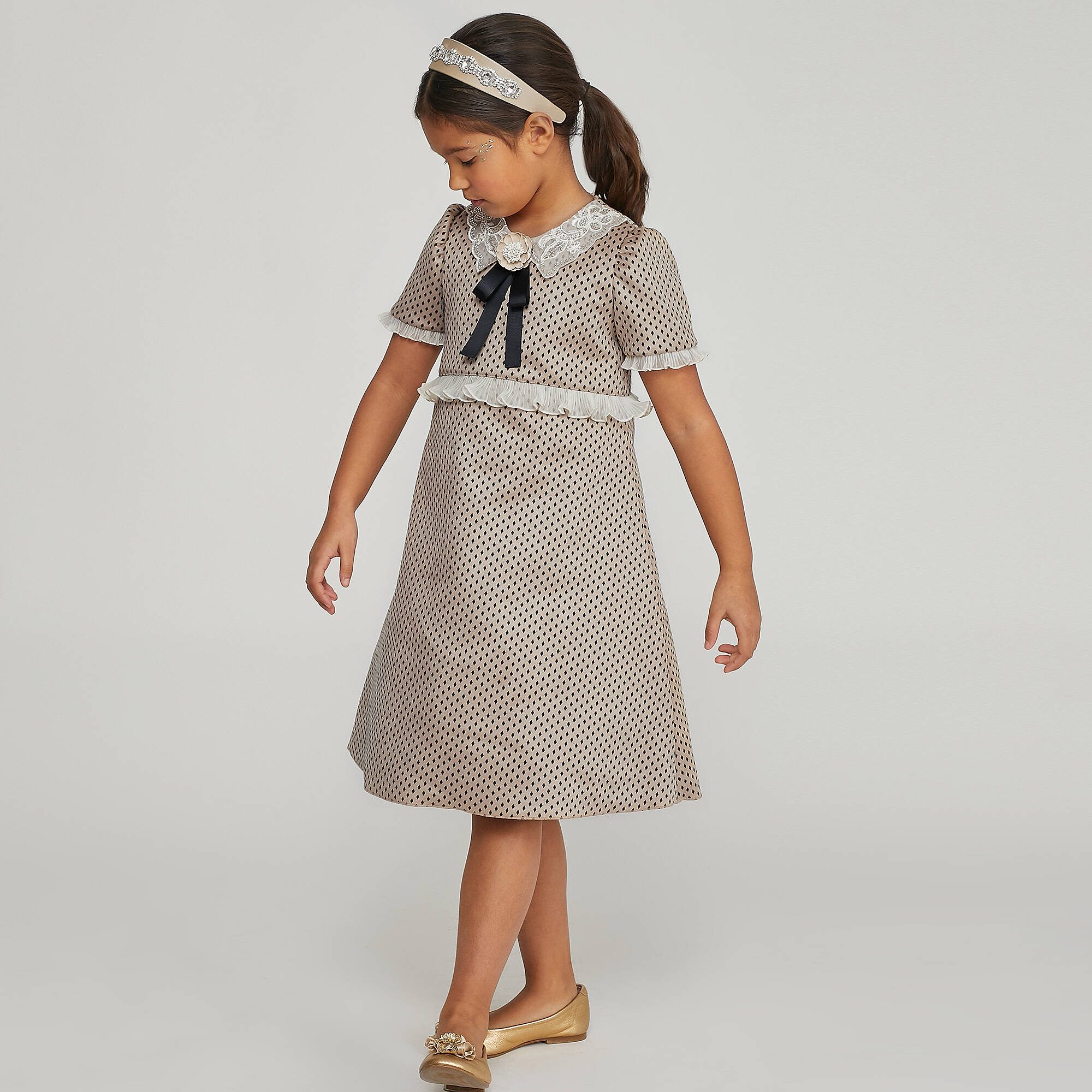 Graci - Girls Beige Collar Dress with Embroidery | Childrensalon Outlet