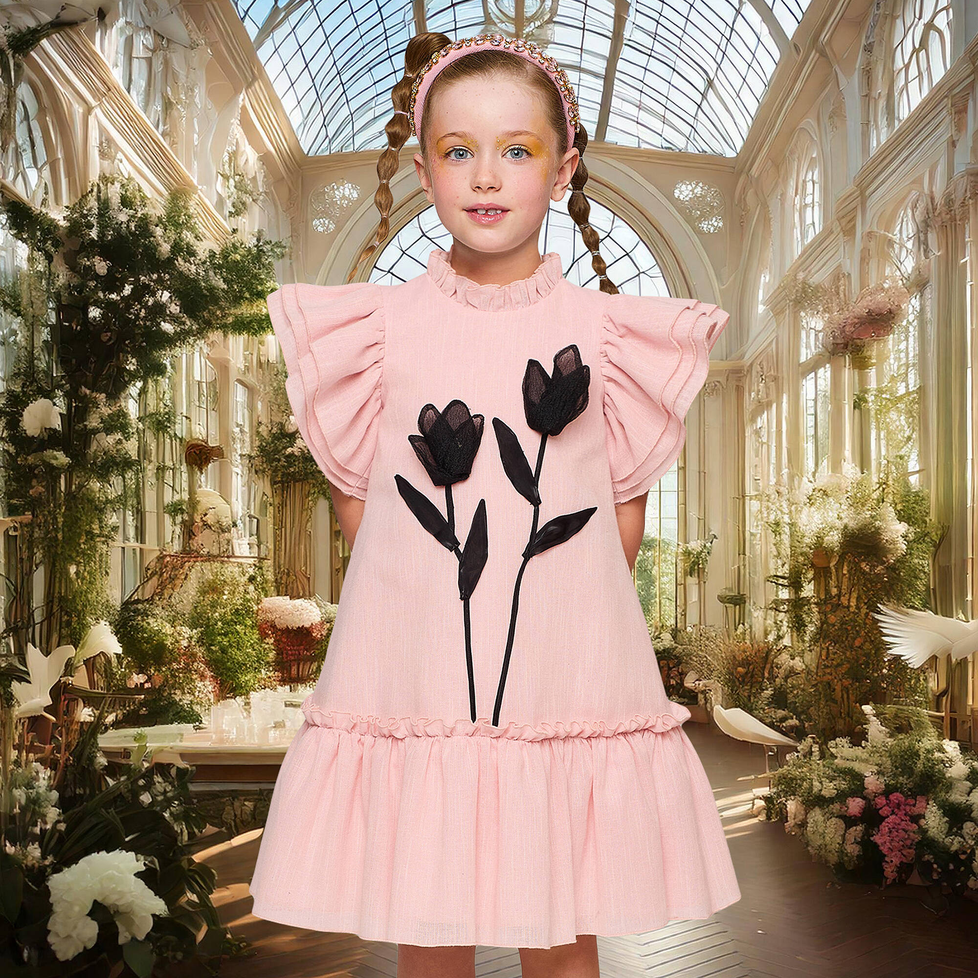 Graci - Girls Pink Floral Linen Frock | Childrensalon Outlet