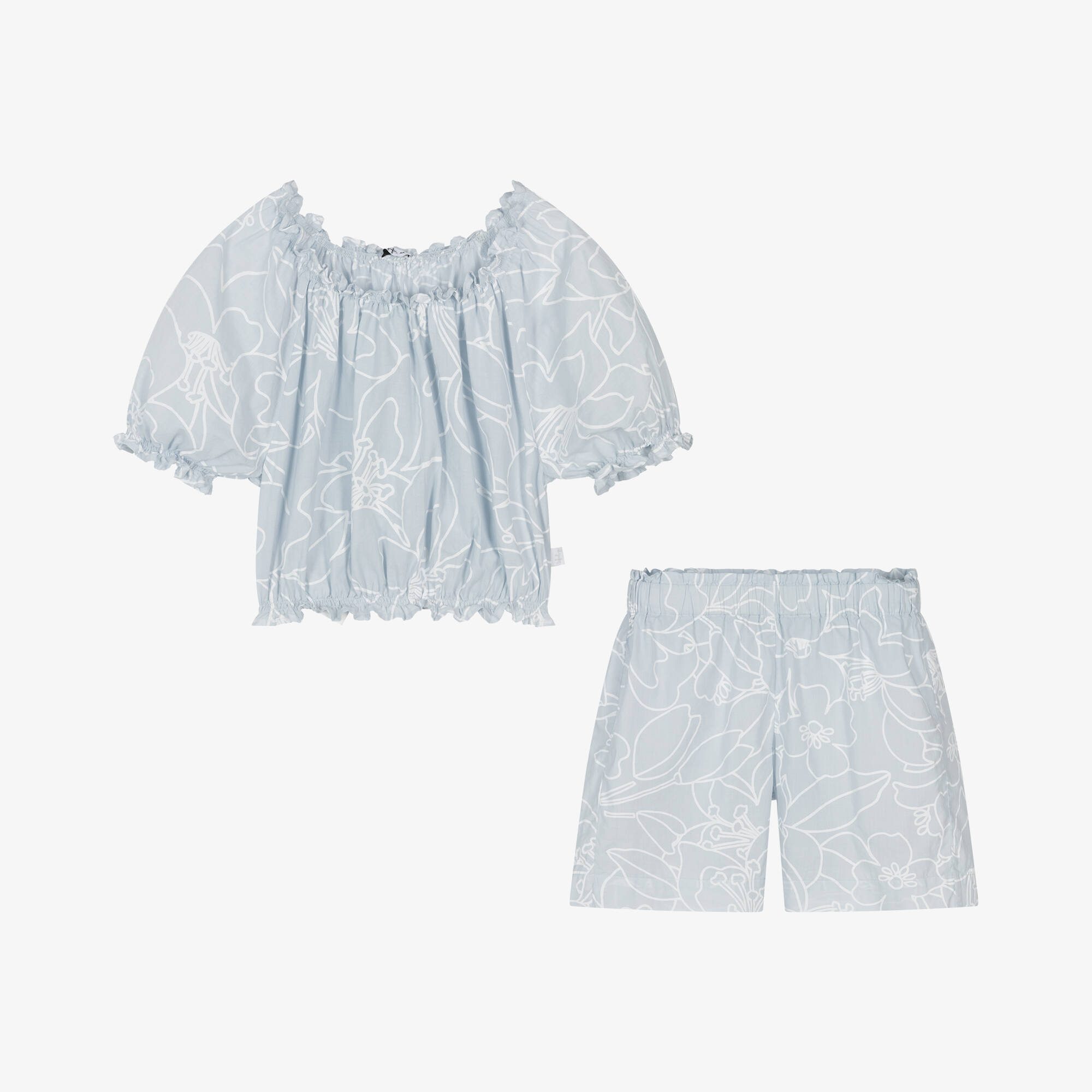 Il Gufo - Girls Cotton Floral Blue Ensemble | Childrensalon Outlet