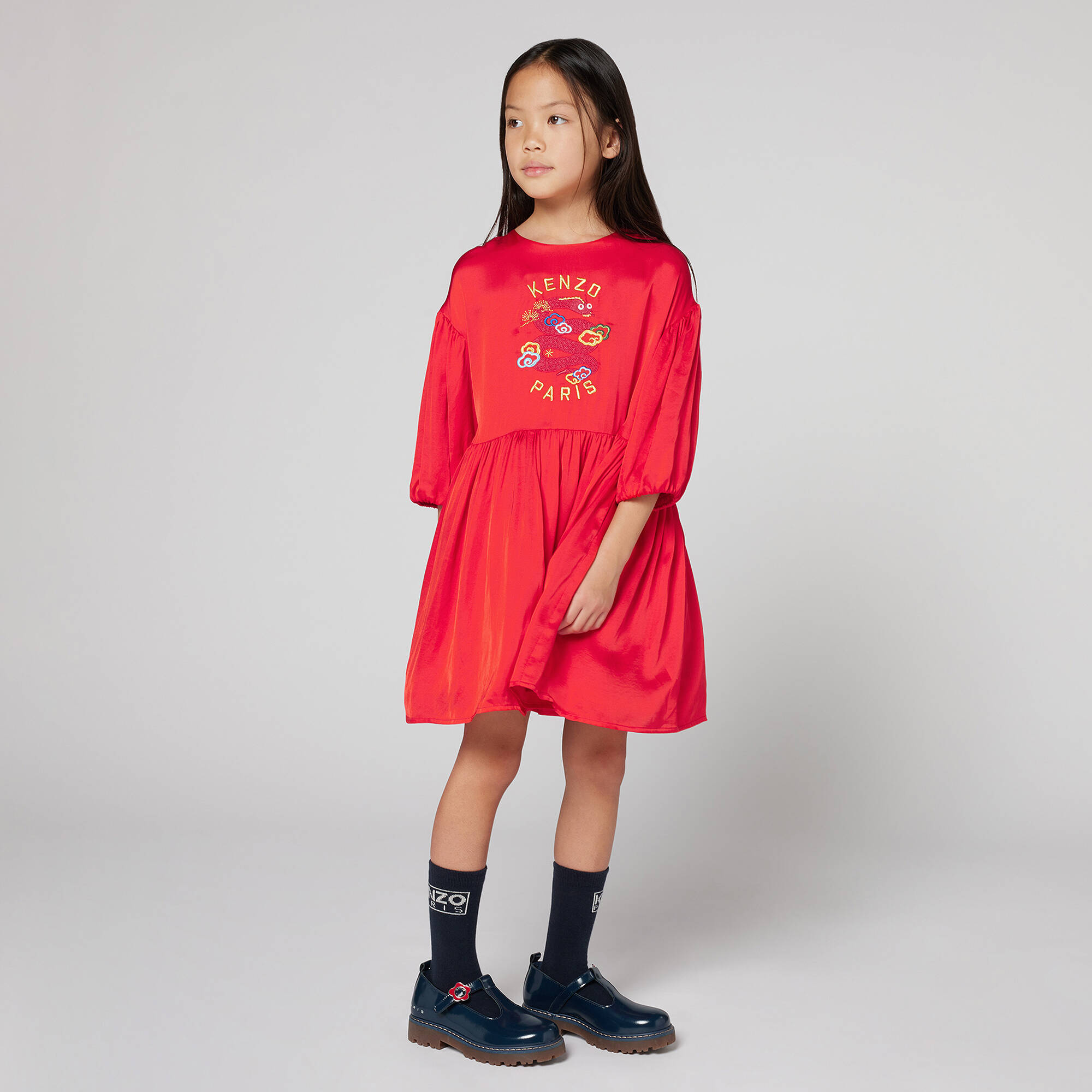 KENZO KIDS - Girls Crimson Satin Snake Embroidered Gown | Childrensalon ...