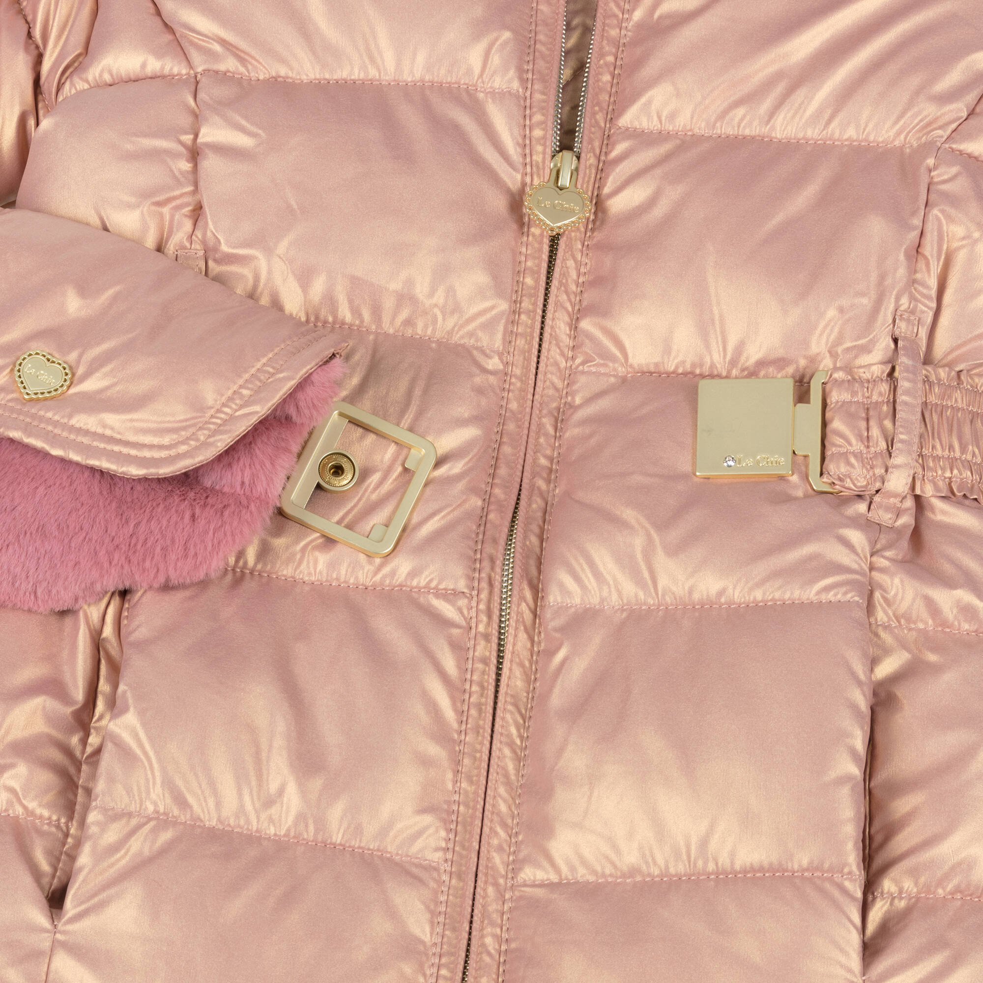 Le Chic - Girls Pink Puffer Coat with Bag Belt & Golden Sheen ...