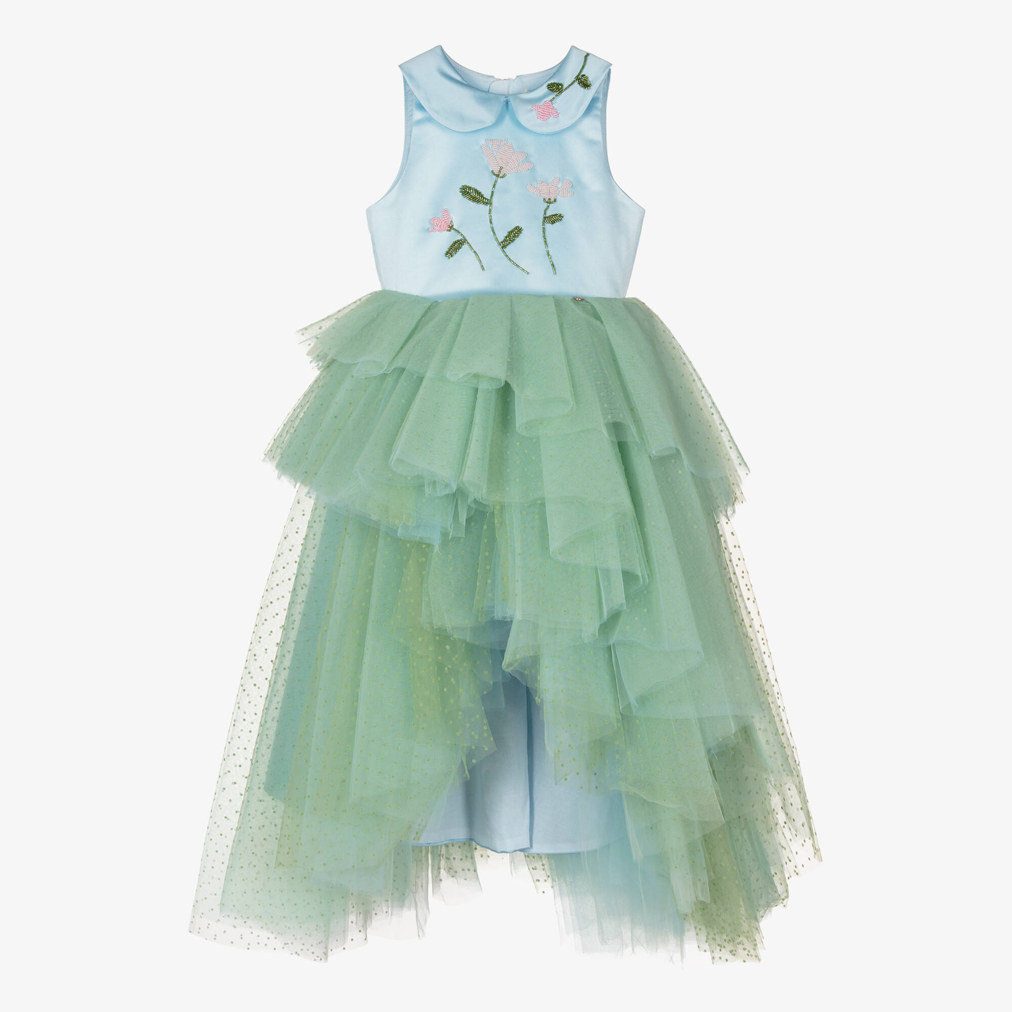 Le Mu - Girls Blue & Green Tulle Waterfall Dress | Childrensalon Outlet