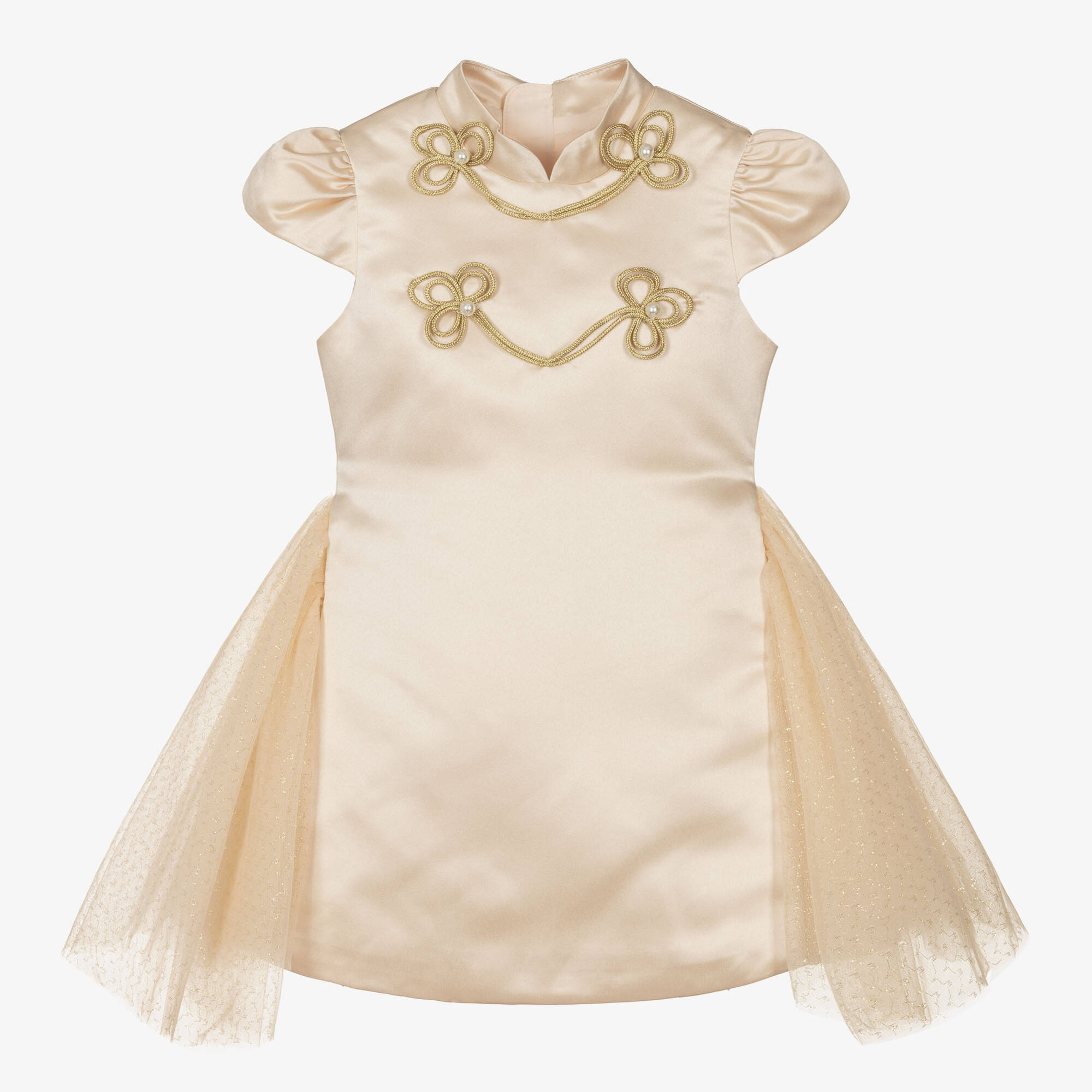 Le Mu - Girls Champagne Satin Tulle Dress | Childrensalon Outlet